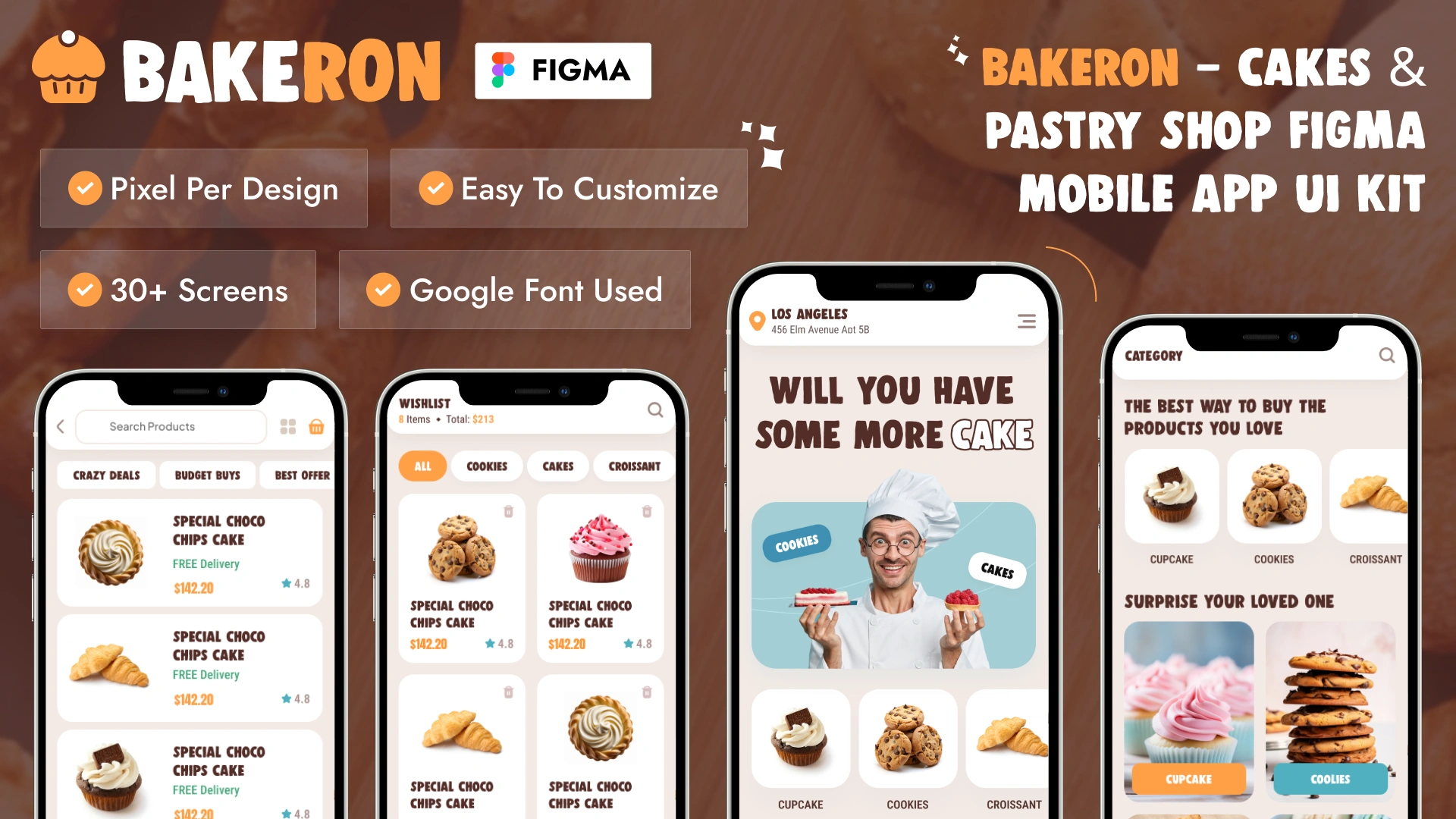 Bakeron - Cakes & Pastry Shop Figma Mobile App UI Kit - Wrapmarket