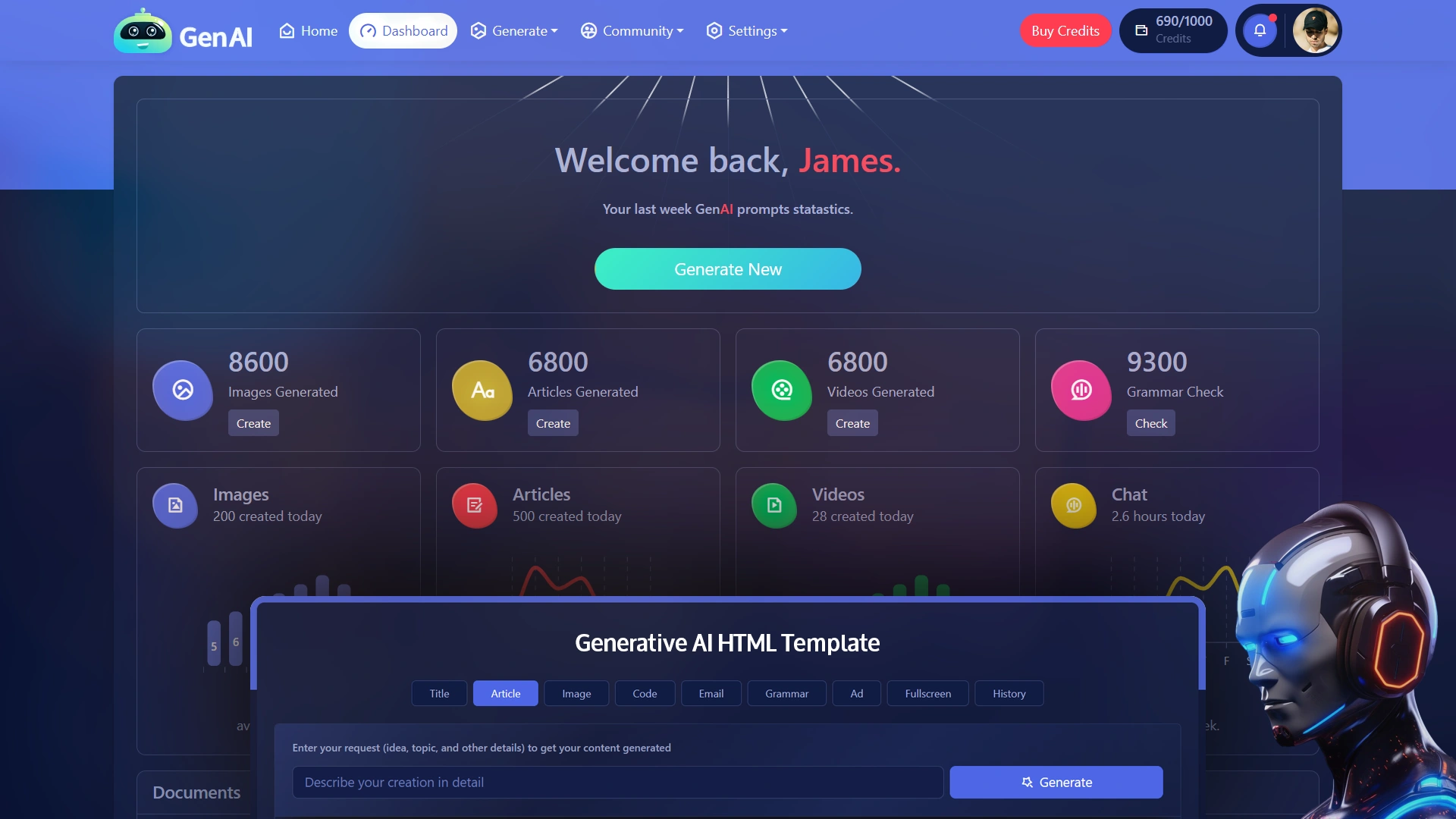 GenAI - AI Generative HTML Templates + Admin Dashboard - Wrapmarket